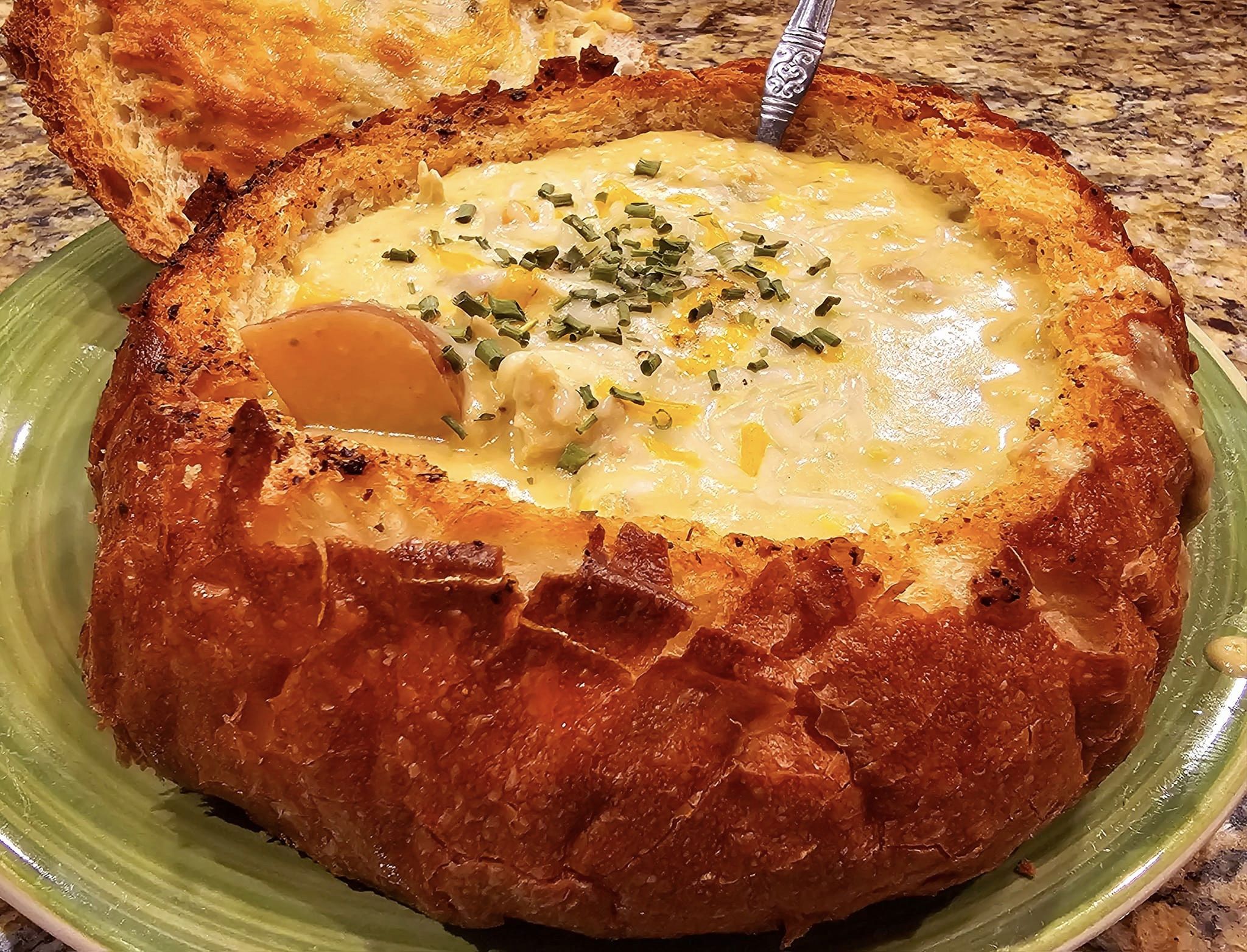 Chicken Corn Chowder in Garlic Toast Bread Bowls - Easy DIY Recipes