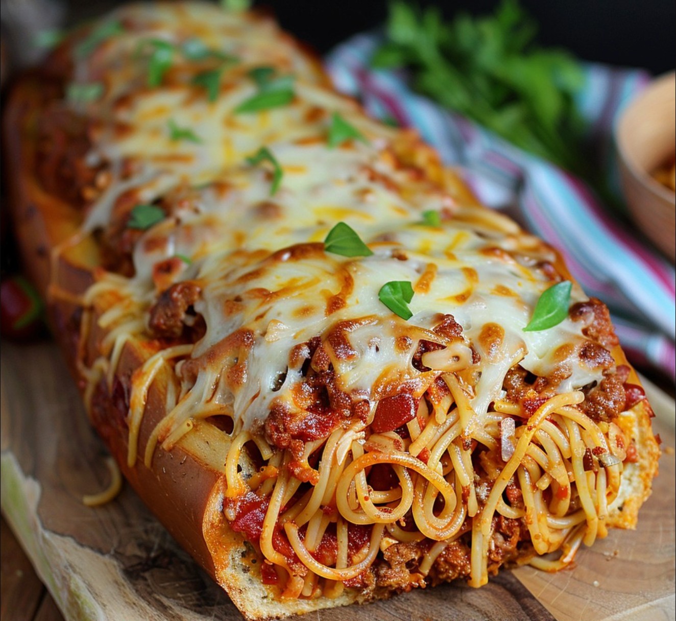 Spaghetti-Filled Garlic Bread - Easy DIY Recipes